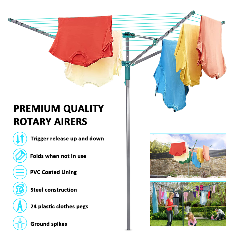 ROTARY AIRER 4 ARM 50M OUTDOOR CLOTHES GARDEN WASHING LINE DRYER SPIKE ...