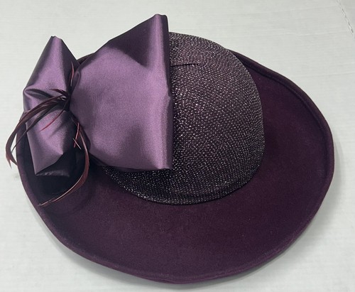Whittall and Shon Hat Purple Feather Satin Bling 100% Wool Felt 22-1/2 ...