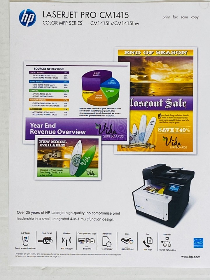 HP LaserJet Pro CM1415fnw Color Wireless Network Printer with 100% New ...