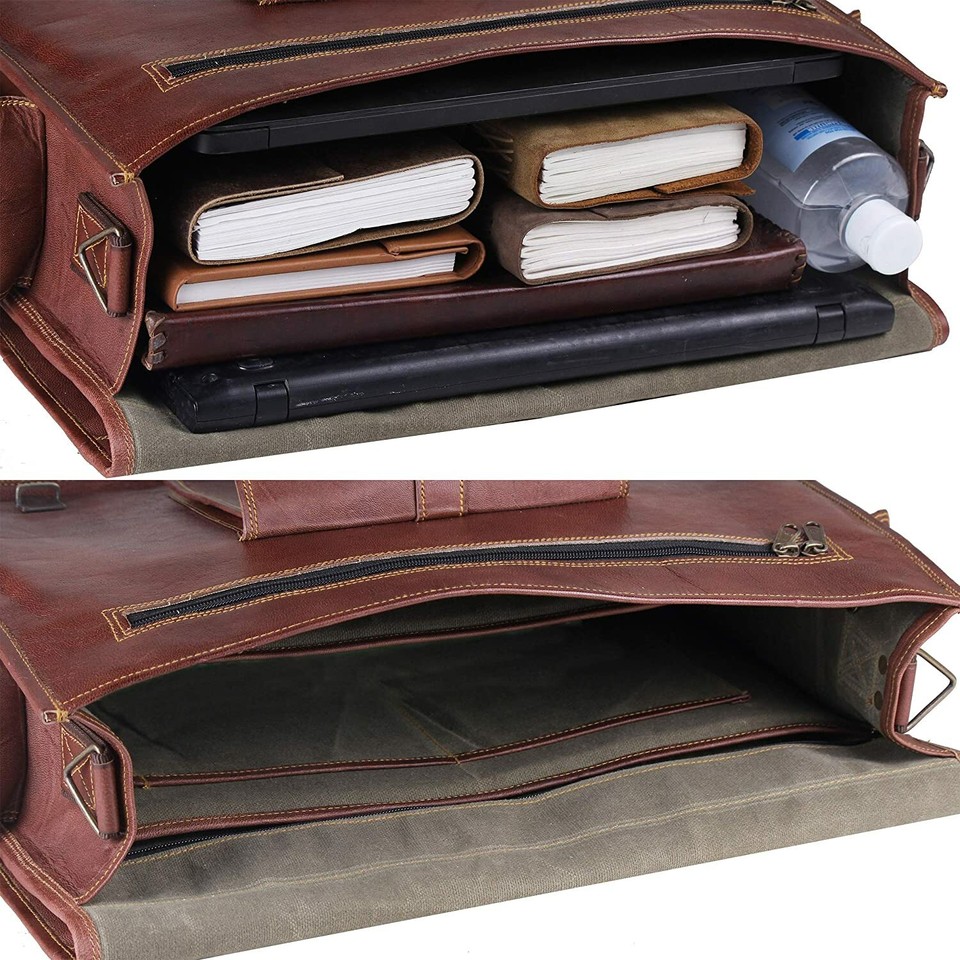 Hulsh Vintage 18 Inch Leather Briefcase for Men Large Pocket Leather ...