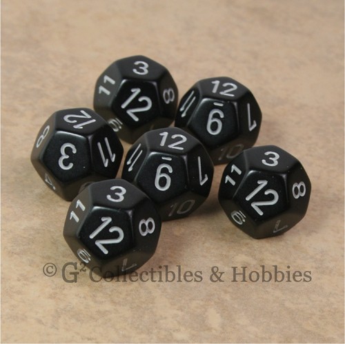 NEW Set of 6 Black with White Numbers D12 Game Dice Twelve Sided RPG D ...