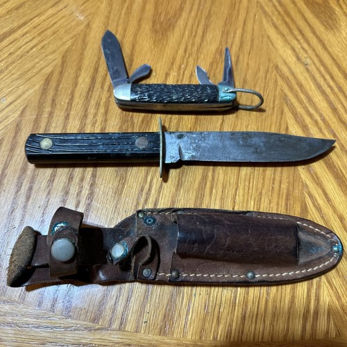 Vintage UTICA SPORTSMAN Hunting Knife Pocket Knife Combo Leather Sheath ...