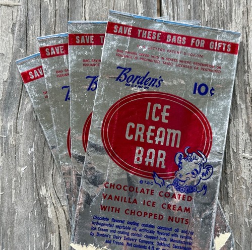 5 WHOLESALE 1950s Foil BORDEN'S Ice Cream Bar w/ Nuts POPSICLE PETE Bag ...