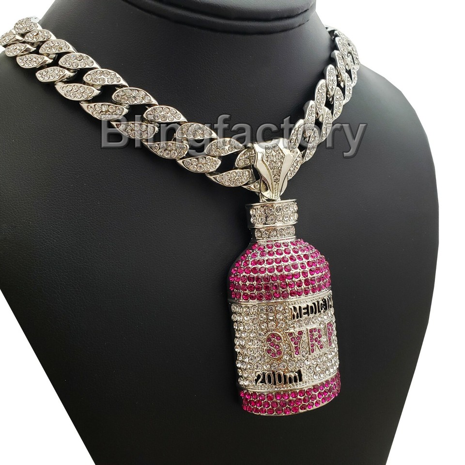 Hip Hop Lab Diamond Syrup Bottle Pendant & 18" Full Iced Cuban Choker ...