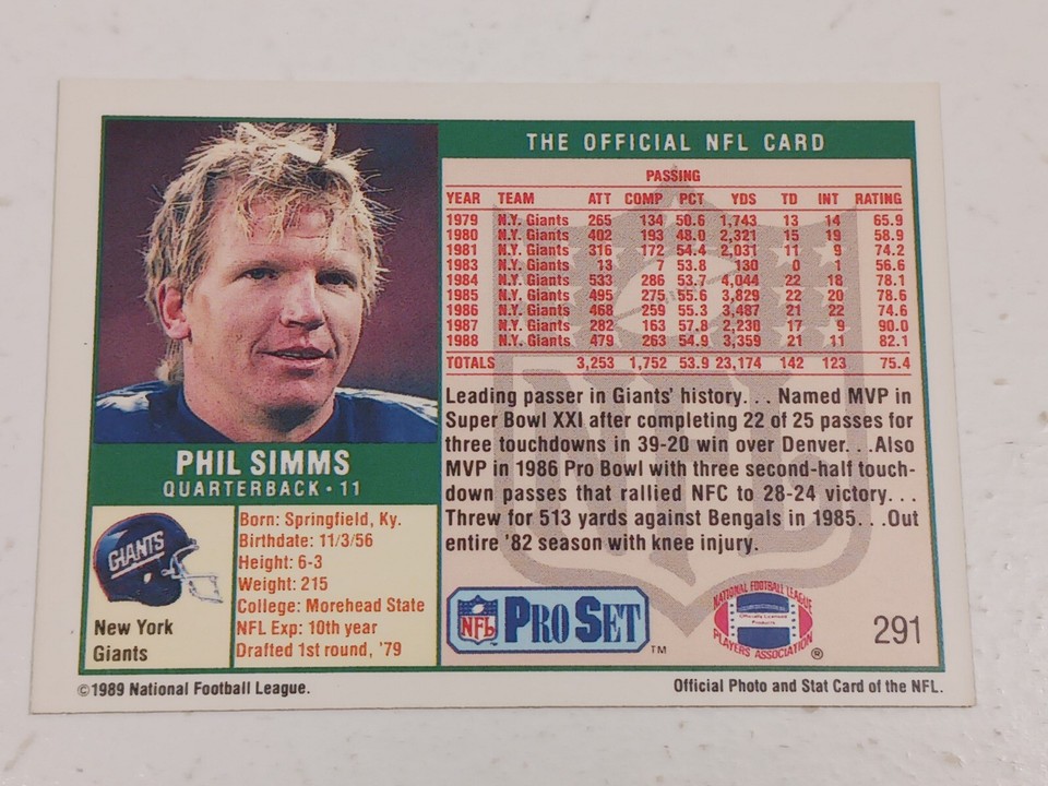 Phil Simms New York Giants 1989 Pro Set Card #291 | eBay