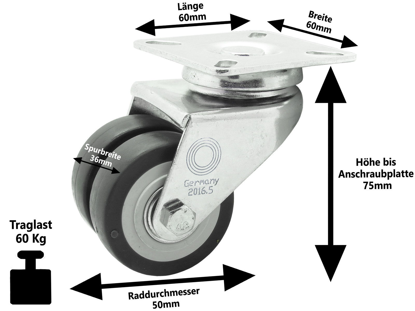 4 x Doppelrolle Lenkrolle Transport Schwerlast Rollen Ø 50 mm Lenk-Lenk ...