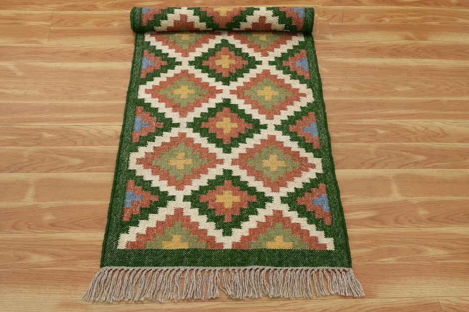 Handwoven Wool Jute Runner Rug Large Area Green Kilim Carpet 4x12 ft | eBay