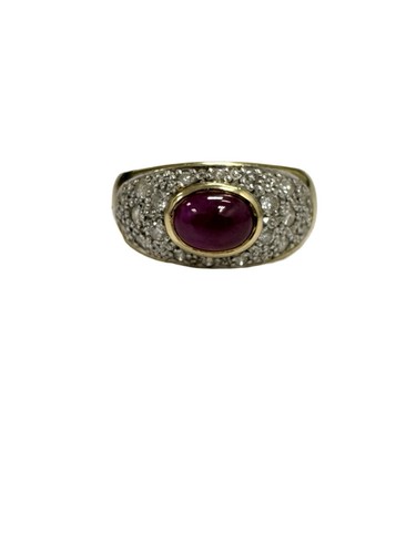 Estate 1.53 ctw Genuine Diamonds & Cabochon Ruby Gypsy Ring 18k Yellow ...
