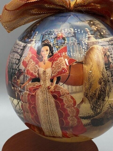 1997 Holiday Barbie 4" Decoupage Ornament w/ Wooden Ornament Stand w ...