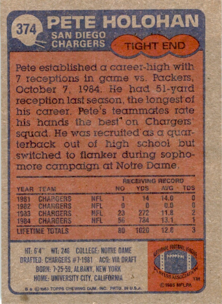 1985 TOPPS PETE HOLOHAN SAN DIEGO CHARGERS #374 | eBay