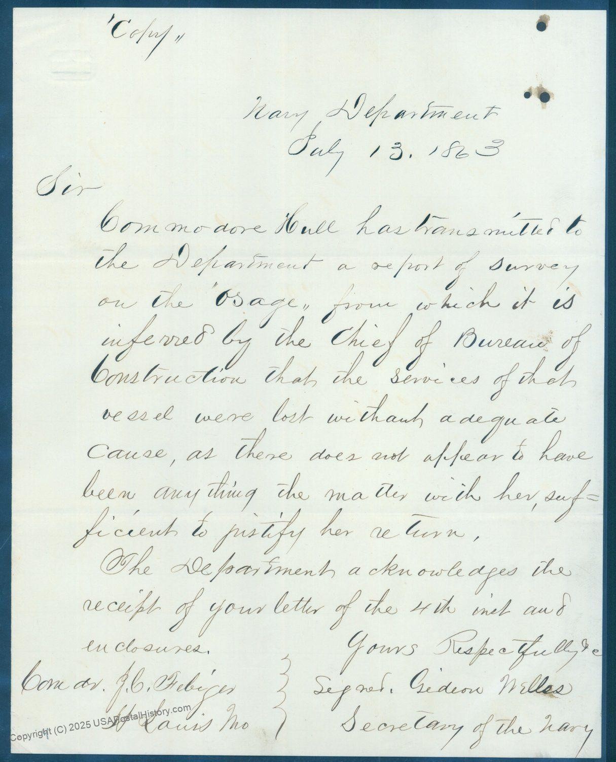USA 1863 Gideon Welles Secretary of the Navy Re Monitor Osage Letter ...