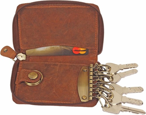 RUSTIC TOWN Leather Key Holder Case - Zippered Organizer Wallet Brown ...