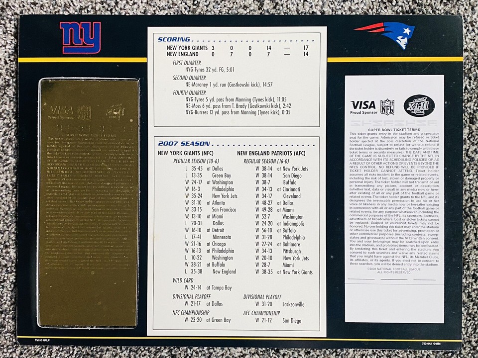 SUPER BOWL 42 NEW YORK GIANTS Patriots 22KT GOLD TICKET Willabee & Ward ...