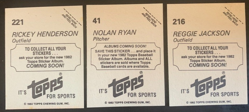 (3) 1982 Topps Album Stickers- Reggie Jackson, Nolan Ryan, Rickey ...