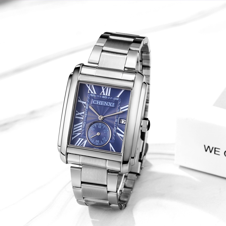 Mens Waterproof Rectangle Watch Roman Numerals Dial Quartz Date ...