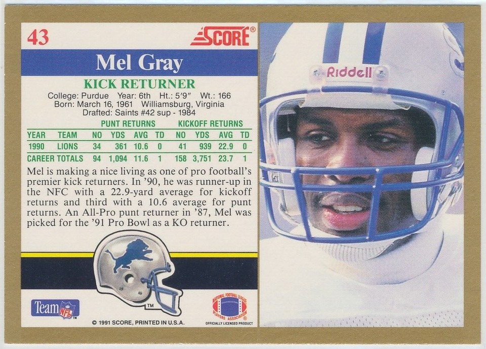 Mel Gray - Detroit Lions - 1991 Score Football - Base - #43 | eBay