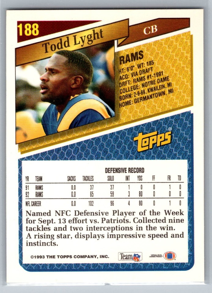 1993 Topps Gold Football #188 Todd Lyght Los Angeles Rams | eBay