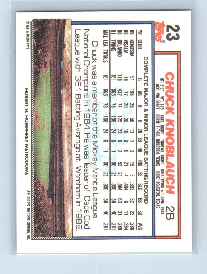 1992 Topps Straight from the Pack!!! Chuck Knoblauch Minnesota Twins ...