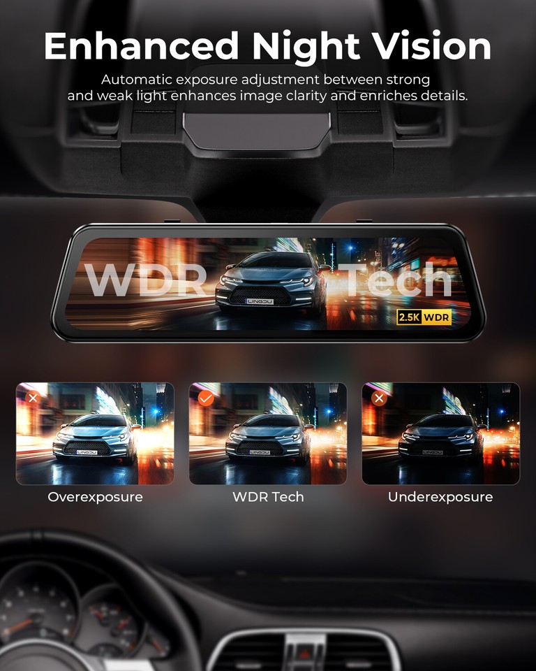LINGDU 2.5K Front＆Rear View Mirror Camera 2.5K WiFi 10"TouchScreen G ...