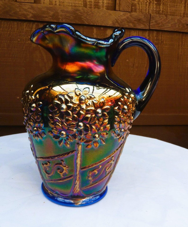 HTF Fenton Orange Tree Orchard Carnival Glass Pitcher, Blue | eBay