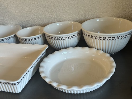 Paula Deen Ceramic Dish Set Bakeware Bowls Pie Plate Ivory Brown Leaves ...