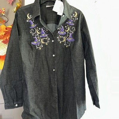 Quacker Factory Halloween Shirt S Witch Hat Denim Sparkle Button Up ...