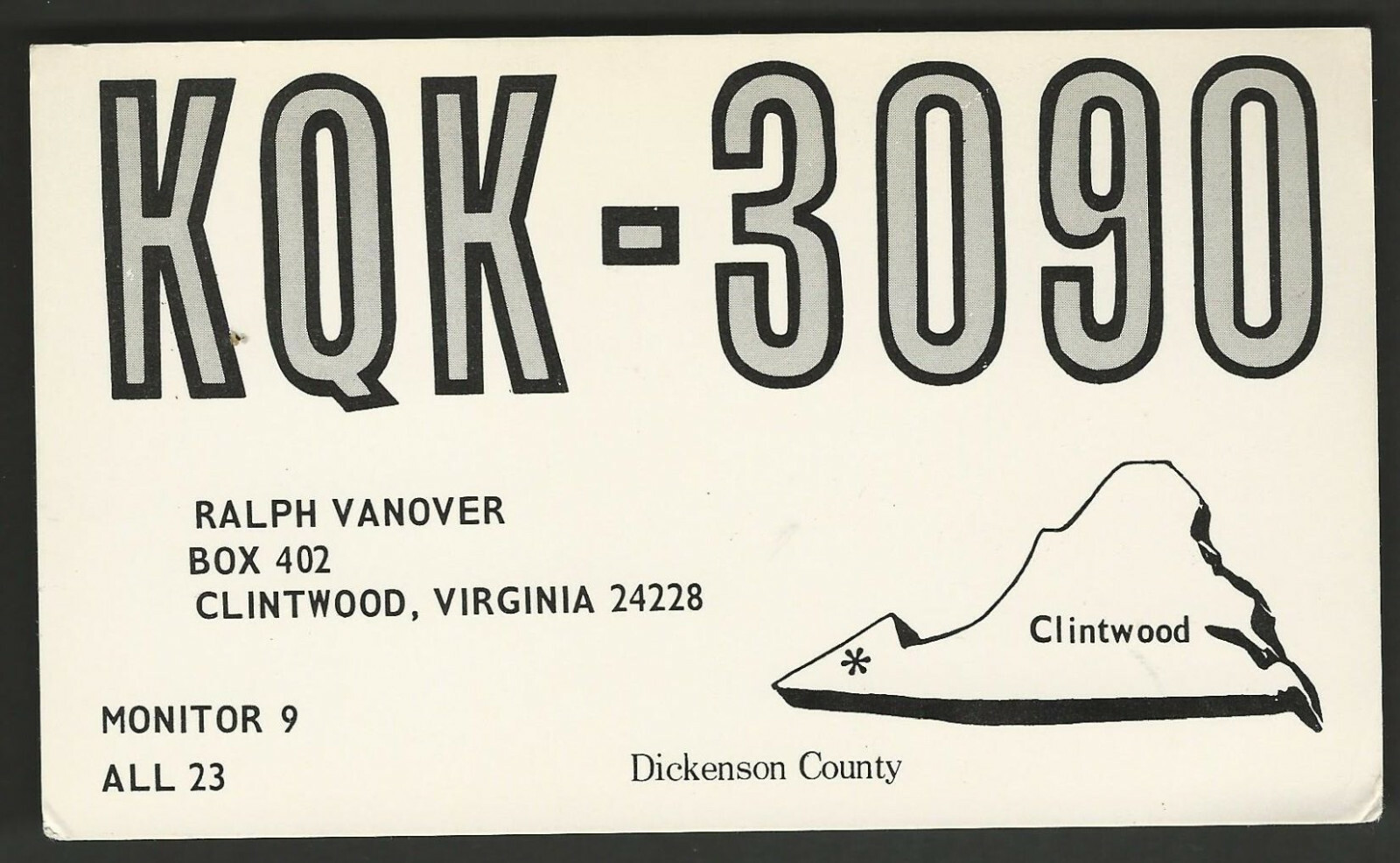 QSL Radio Card"KQK-3090,Ralph Vanover,Map of Clintwood",Clintwood,VA ...