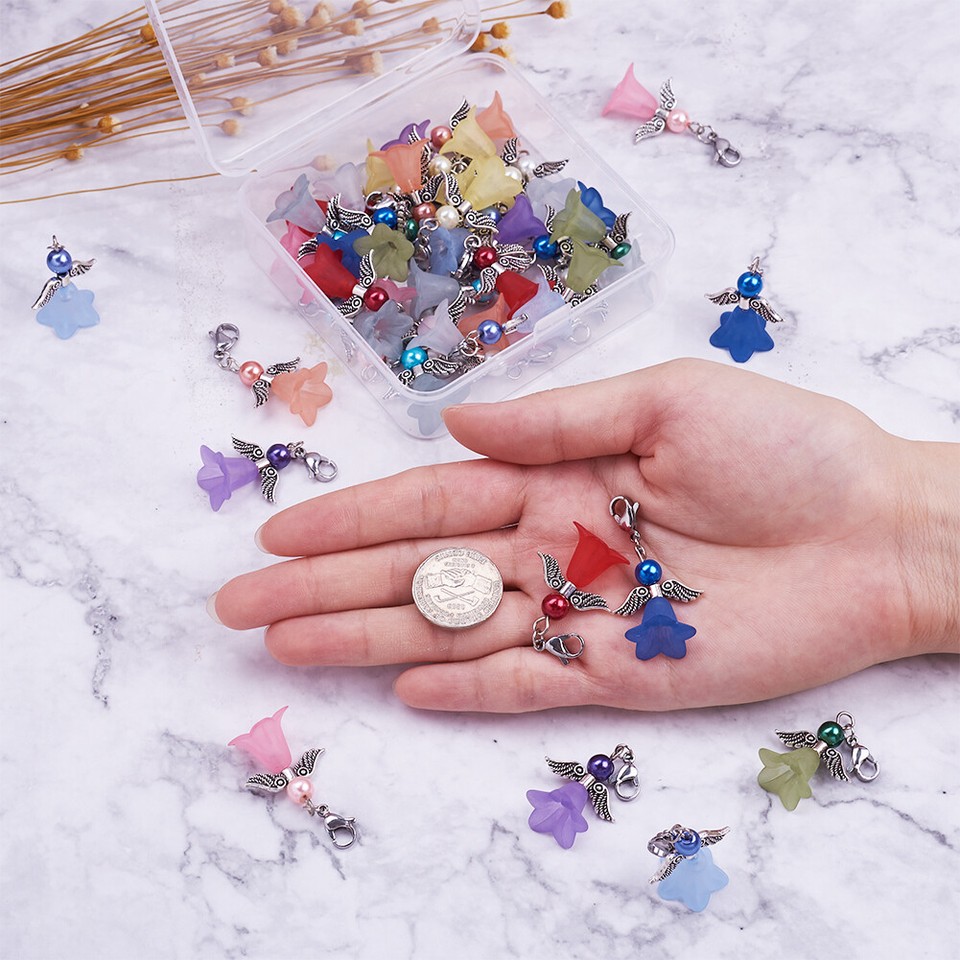 40pcs Acrylic Angel Pendants Cute Wing Dangle Charms With Glass Pearl ...