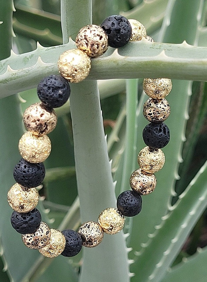 Lava Volcanic Rock Stone Bracelet Golden Crystal Stone Healing Handmade ...