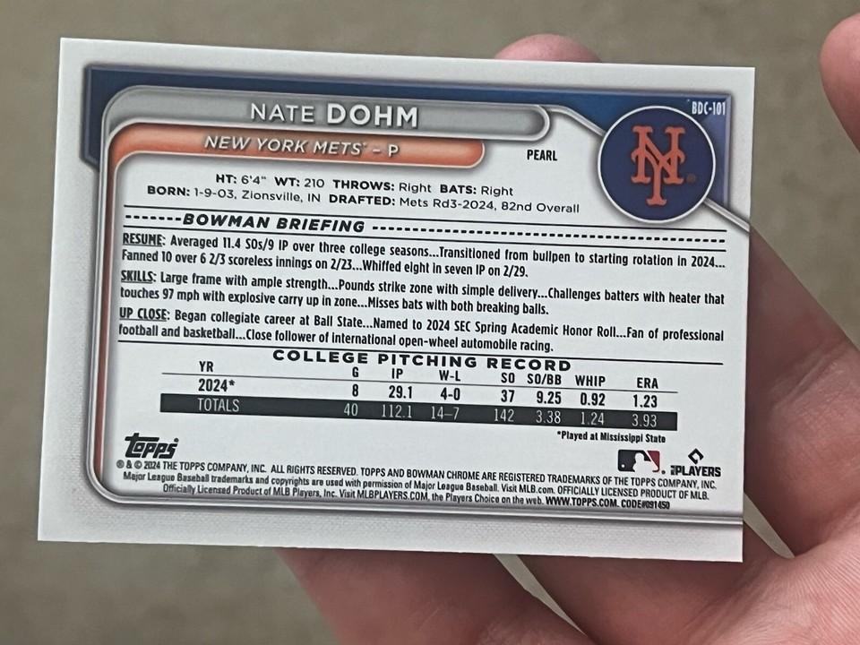 2024 Bowman Draft 1st Nate Dohm Pearl Refractor SSP BDC-101 New York ...
