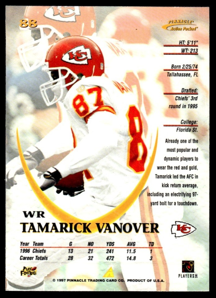 1997 Action Packed Tamarick Vanover Kansas City Chiefs #88 | eBay