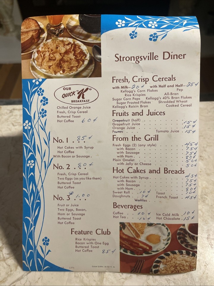 1950’s Breakfast Menu Strongville Diner Ohio | eBay