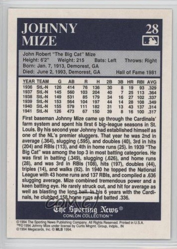 1994 The Sporting News Conlon Collection Colorized Photos Johnny Mize ...