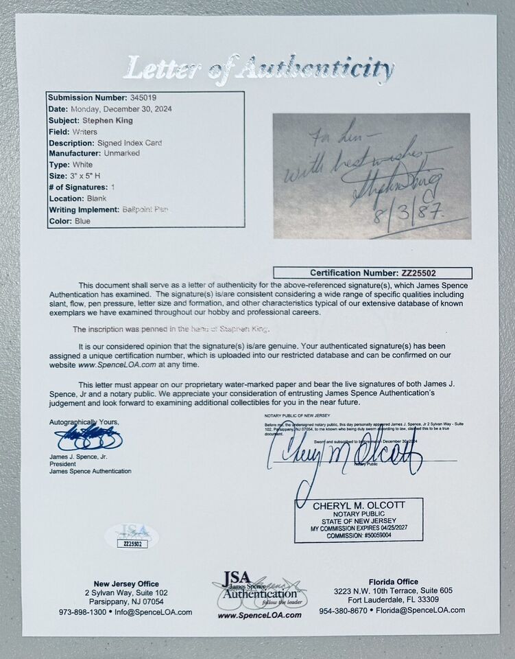 Stephen King Signed Autographed 3x5 Card Full JSA Letter Horror Author ...