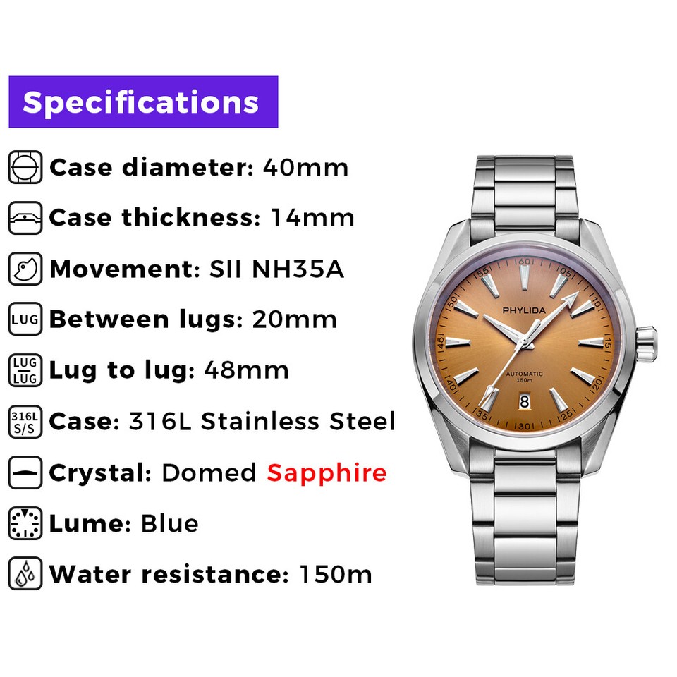 PHYLIDA 40mm Automatic Watch NH35A Aqua Domed Sapphire Crystal 316L ...