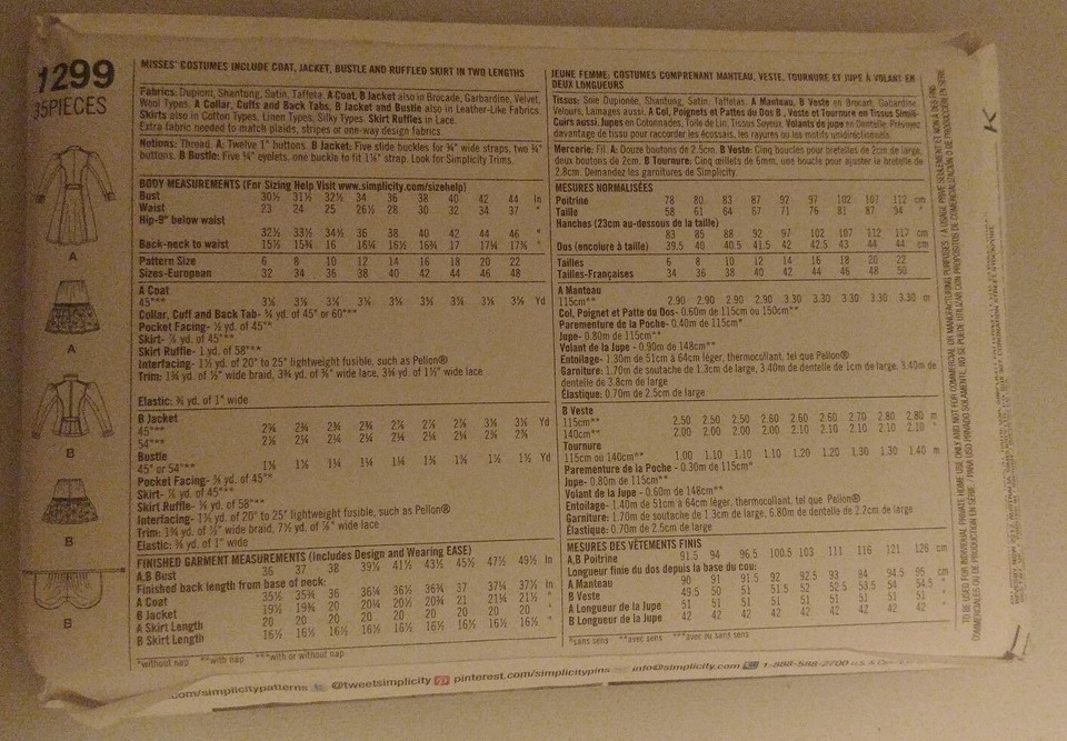 Simplicity Pattern #1299 Women's Steam Punk Costume US Size R5 14-22 | eBay