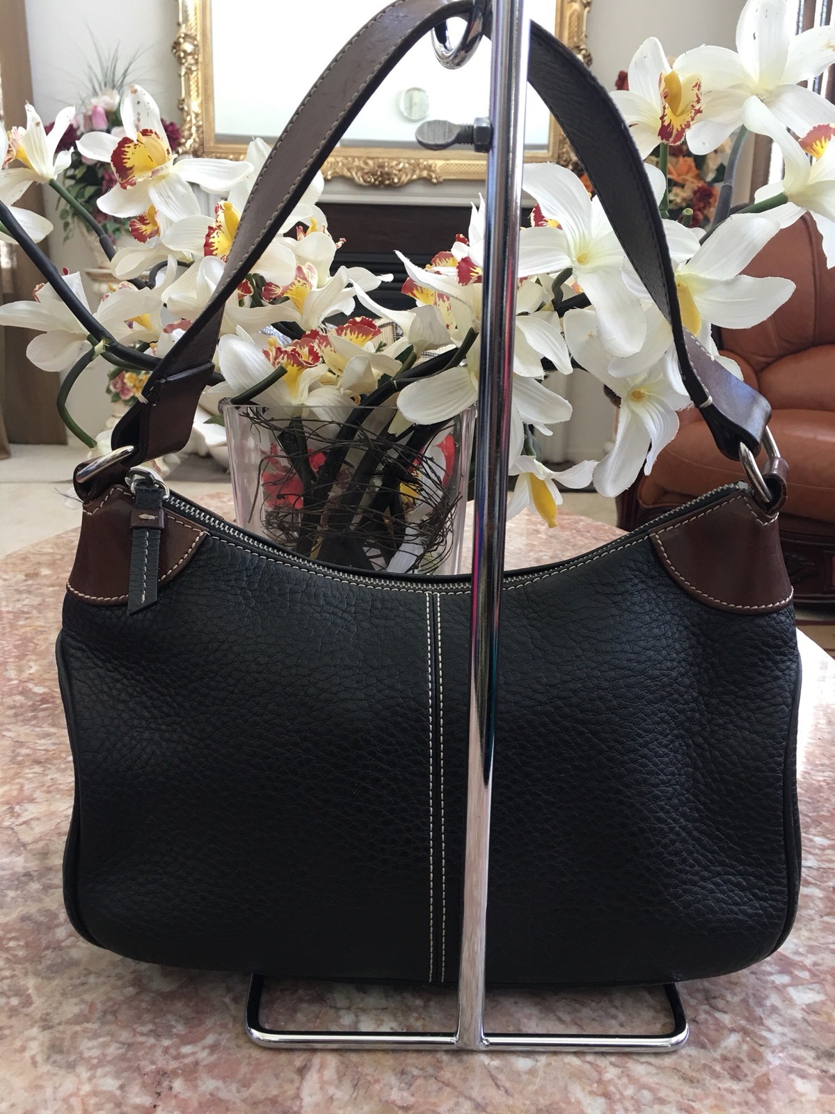 DOONEY & BOURKE BLACK PEBBED LEATHER BROWN LETHER TRIM HOBO MEDIUM BAG ...