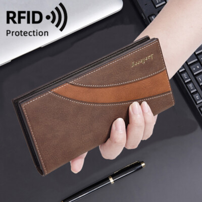 RFID Mens Long Bifold Wallet Leather Multi-Card Cash Phone Holder Purse ...