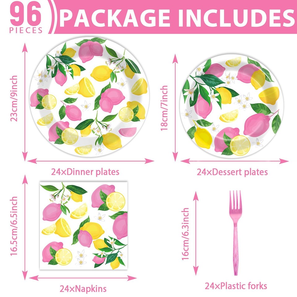 96Pcs Pink Lemon Party Supplies Lemon Paper Plates Napkins Lemons ...
