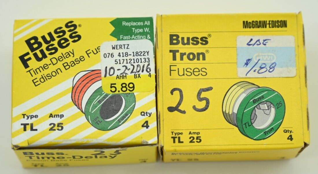 (2) Boxes (8) Fuses BUSS Fuses TL 25 Amp Plug Screw in Fuse 125 Volts ...