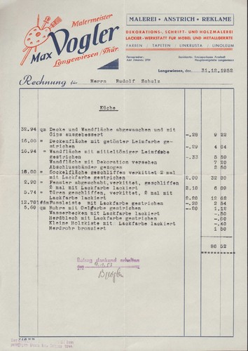 LANGEWIESEN/THÜR., Rechnung 1952, Maler-Meister Max Vogler | eBay.de