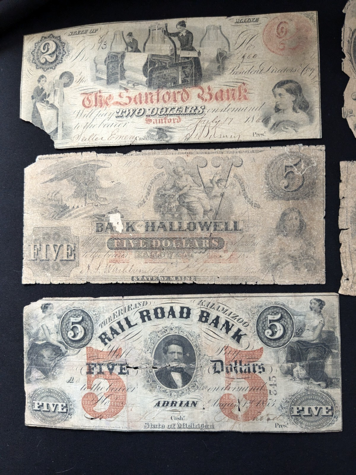 6 Different 1800's Obsolete Bank Notes $1 $2 $5 $5 $5 All with Problems ...