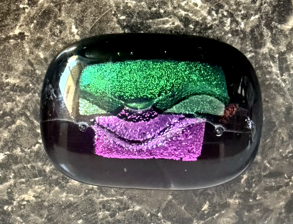 Vintage purple & green on black fused dichroic glass brooch/pin ...