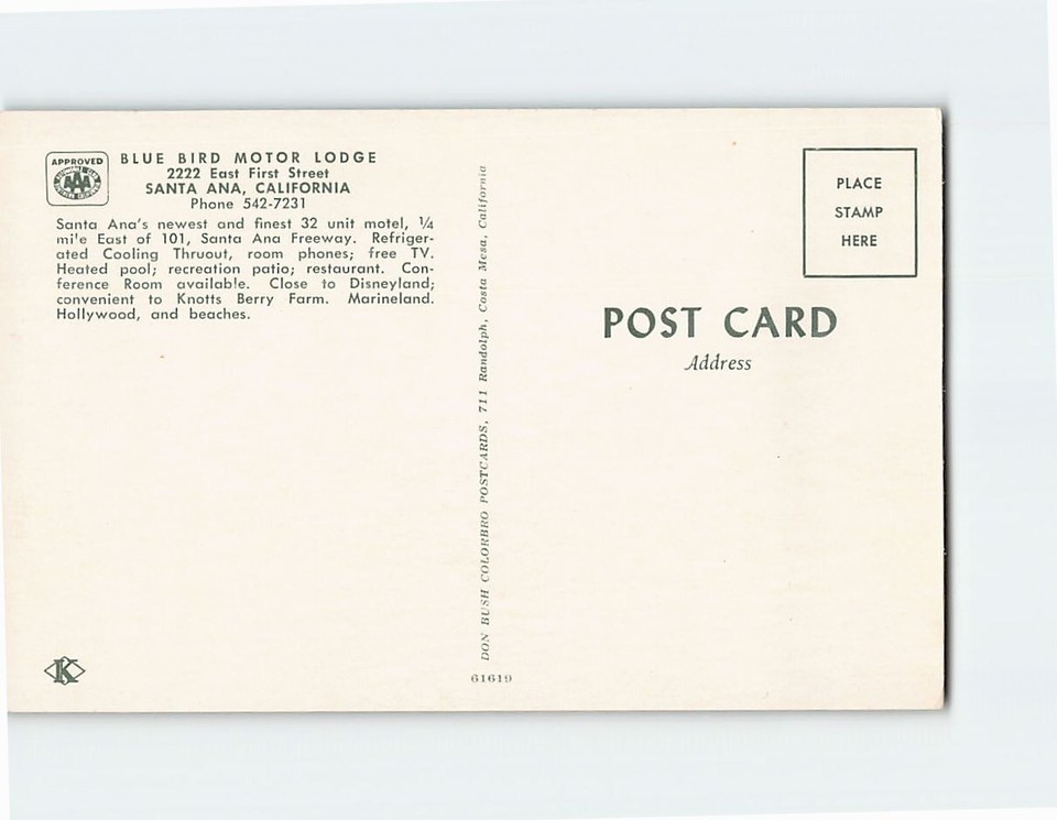 Postcard Blue Bird Motor Lodge Santa Ana California USA | eBay