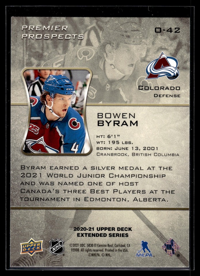 Bowen Byram 2020 Upper Deck Ovation Rookie Card #0-42 | eBay