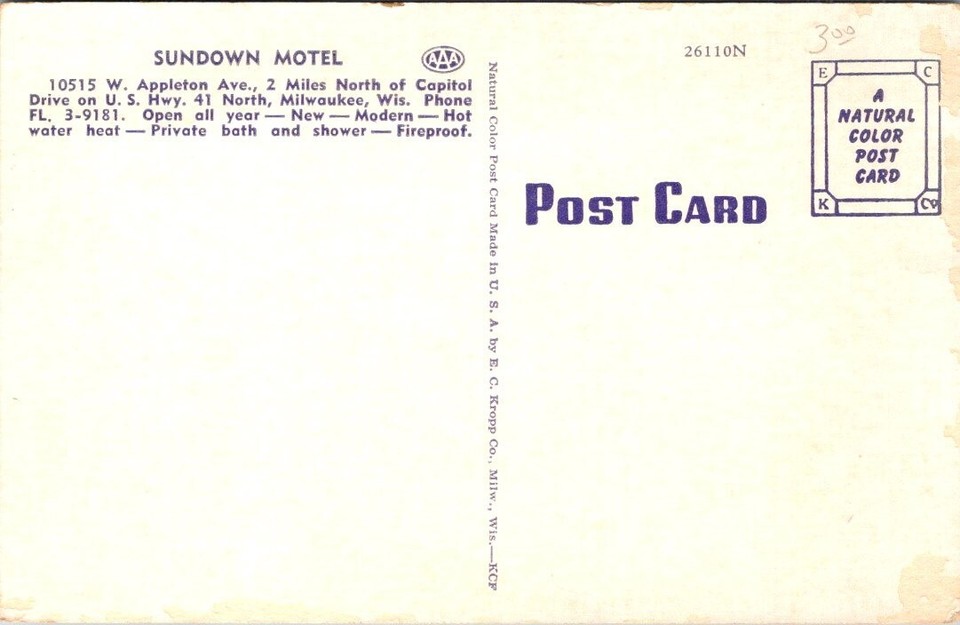 Vintage Sundown Motel U.S. Hwy. 41 North Milwaukee, Wisconsin Postcard ...