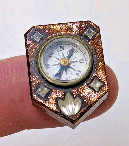 ANTIQUE VICTORIAN GOLDSTONE WATCH FOB MINIATURE COMPASS PENDANT CHARM ...