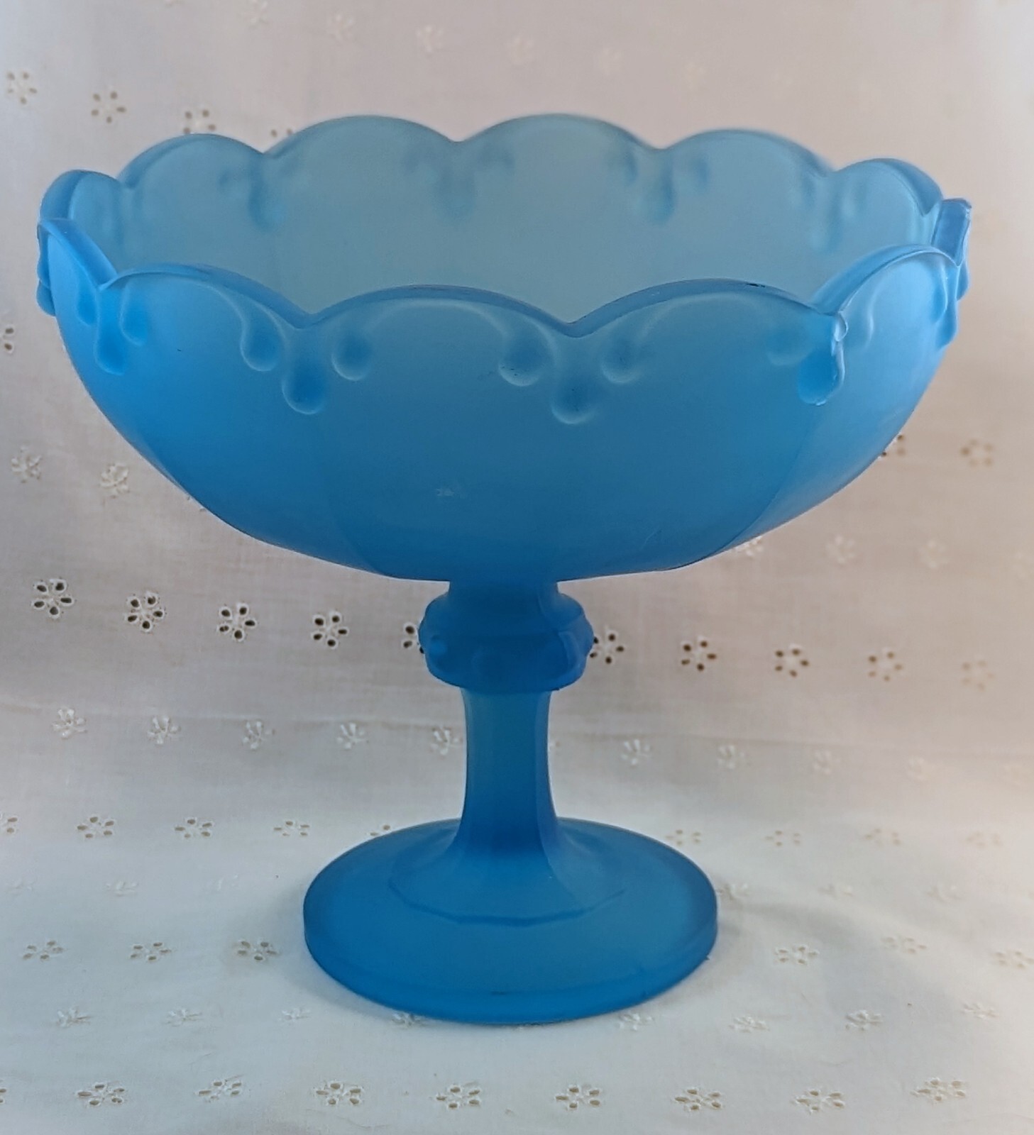 8.5" Indiana Glass Compote Pedestal Garland Bowl Satin Mist Blue VTG ...