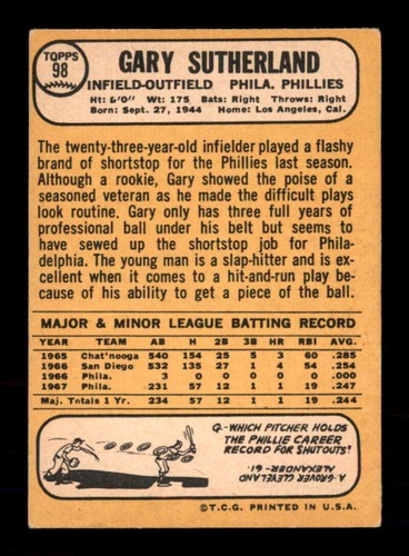 1968 Topps #98 Gary Sutherland VG/VGEX X2932774 | eBay