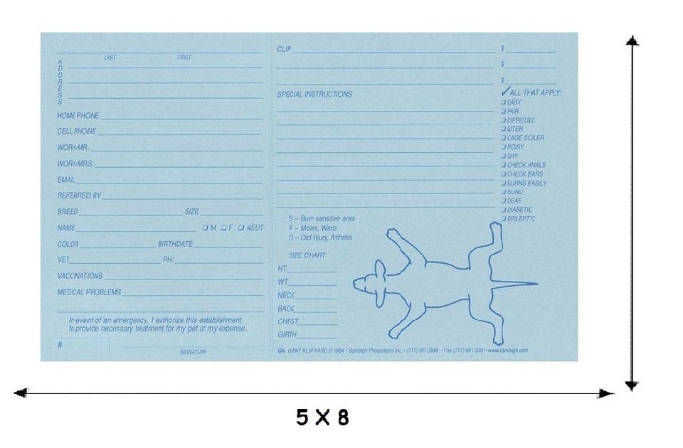 Blue Klip Kards Dog Grooming Kennel Card Diagram Info Checklist 5 x 8 ...